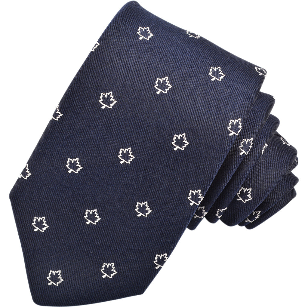 Navy and White Canadian Maple Leaf Spaced Woven Silk Jacquard Tie by D