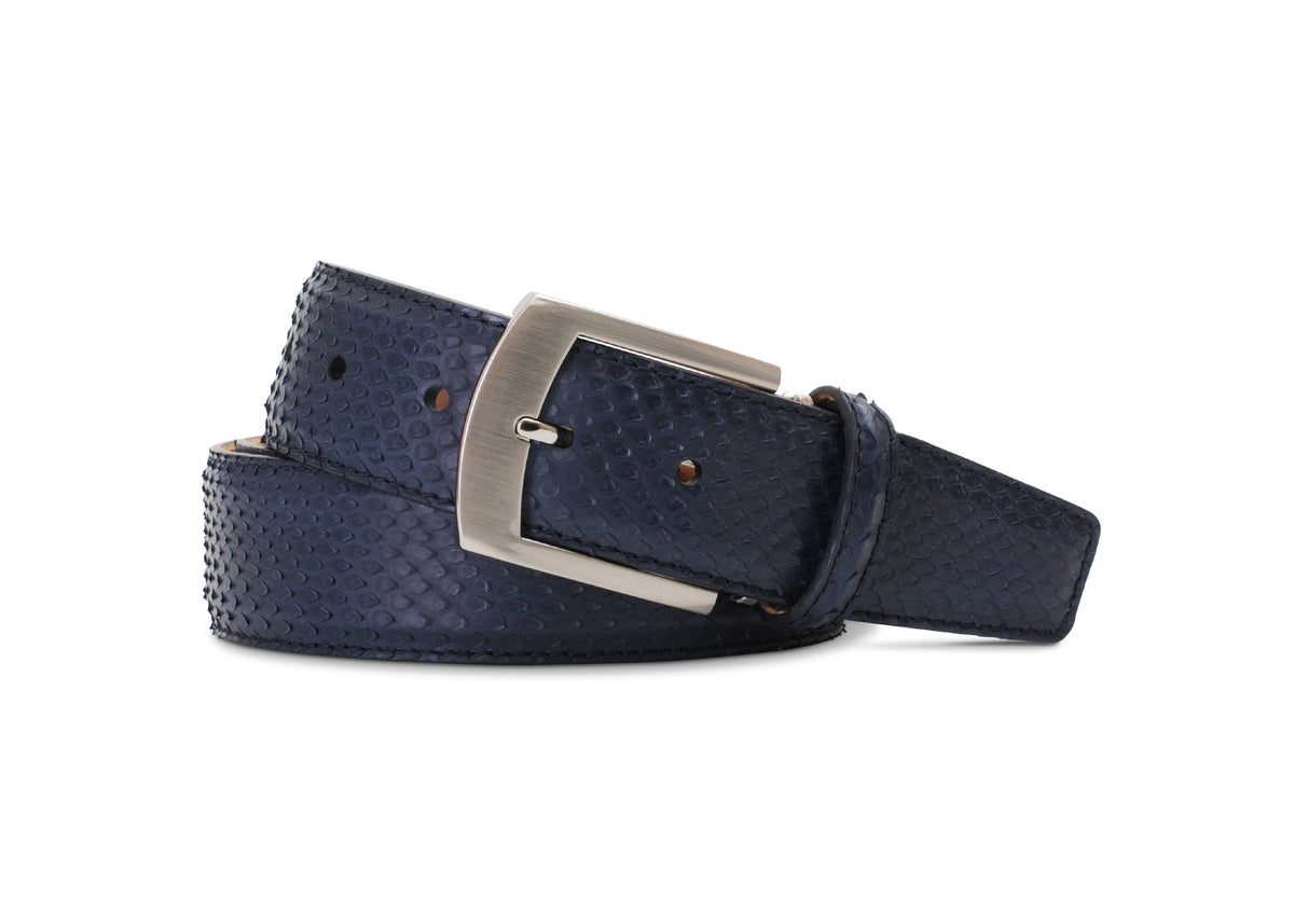 Matte Finish Belly-Cut Python Belt in Navy by Brookes & Hyde