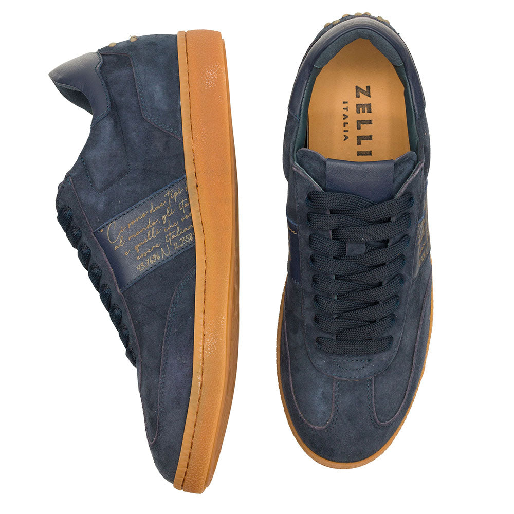 Shizzo Signature Sueded Baby Calfskin Leather Sneaker in Navy by Zelli