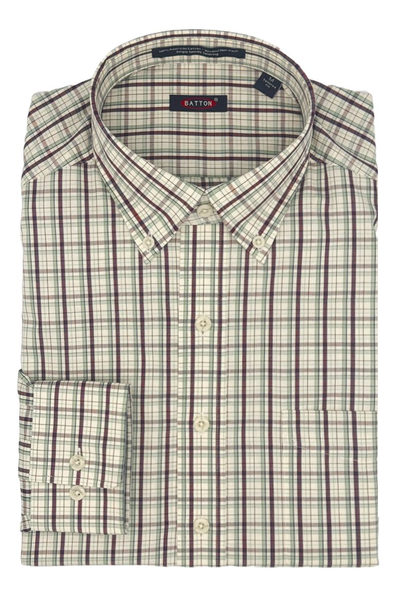'Ewan' Winter White, Brown, and Sage Plaid Long Sleeve Beyond Non-Iron