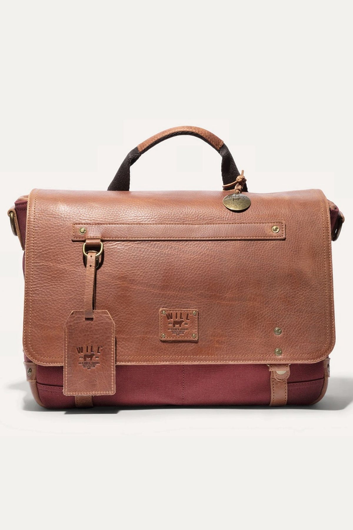 Wallace Canvas and Leather Messenger Bag in Burgundy with Tan Leather