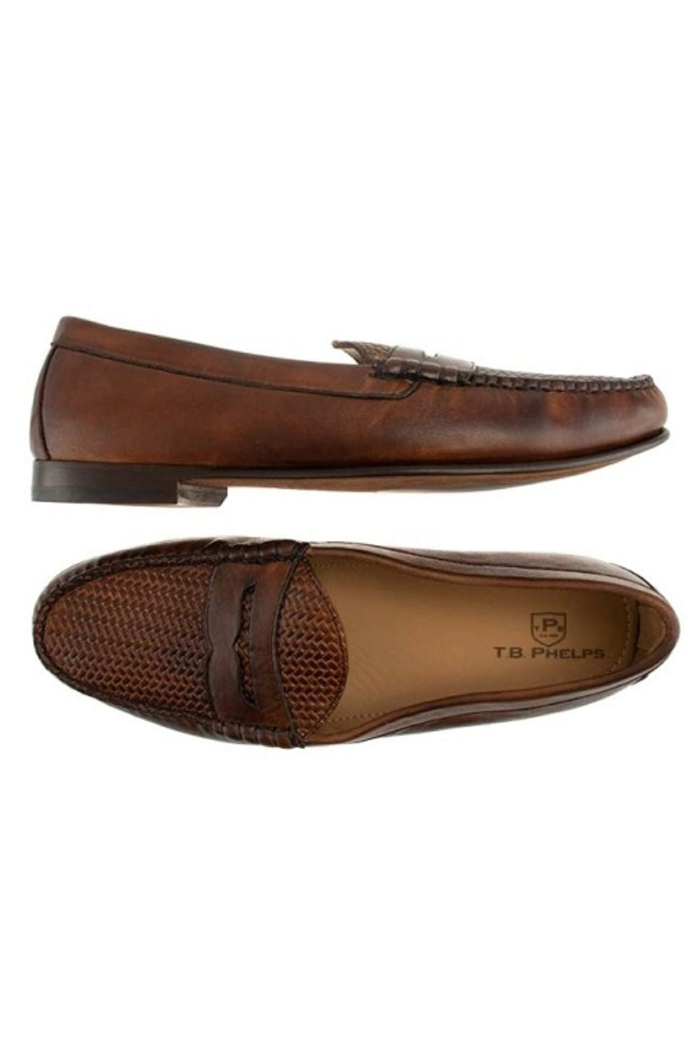Preston Debossed Woven Sheepskin Penny Loafer in Pecan by T.B. Phelps