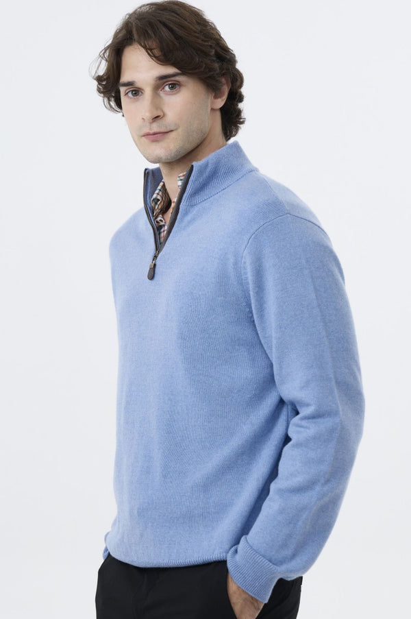Extra Fine 'Zegna Baruffa' Merino Wool Quarter-Zip Sweater in Light Bl