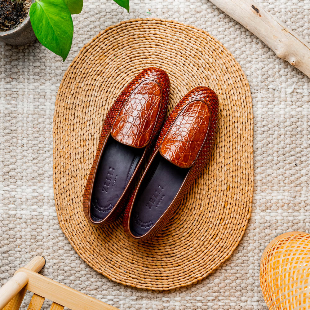 Palio Genuine Crocodile and Calfskin Basketweave Slip-On Loafer in Cog