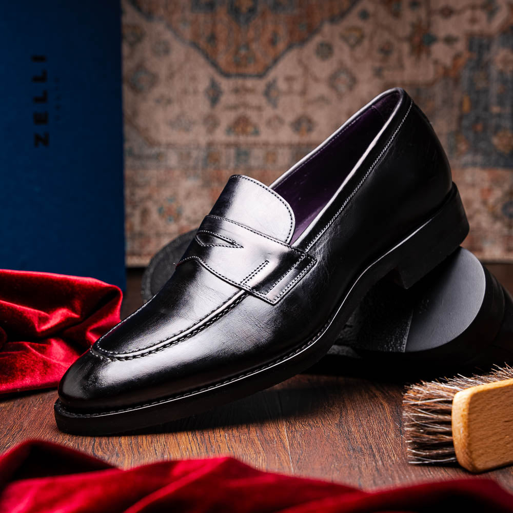Roma Hand Burnished Calfskin Penny Loafer in Black by Zelli Italia