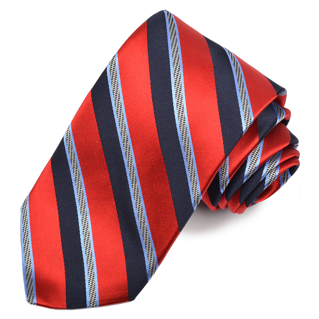 Red, French Blue, and Navy Natte and Satin Double Bar Stripe Woven Sil