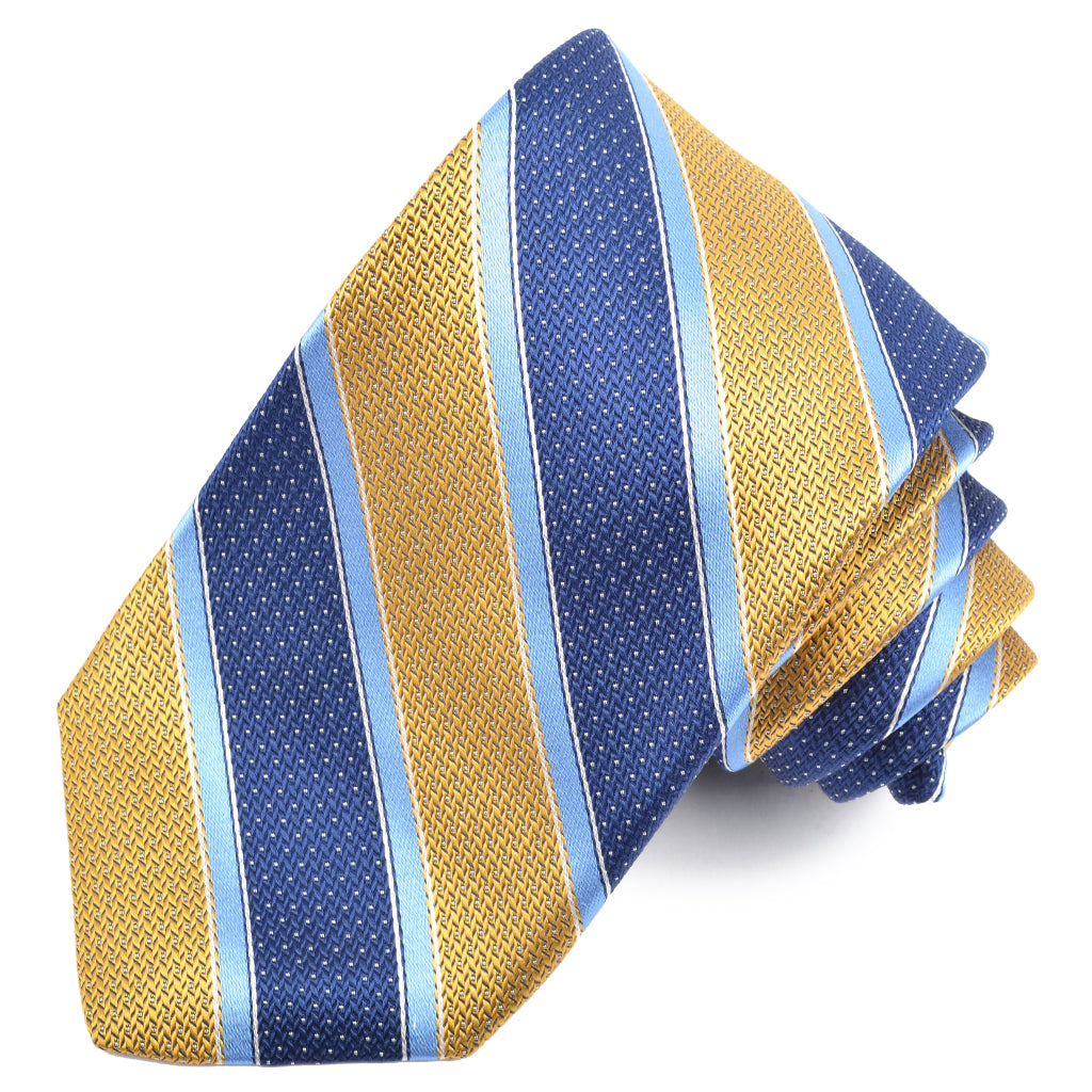 Gold, Navy, and Powder Blue Multi Textured Thick Bar Stripe Woven Jacq